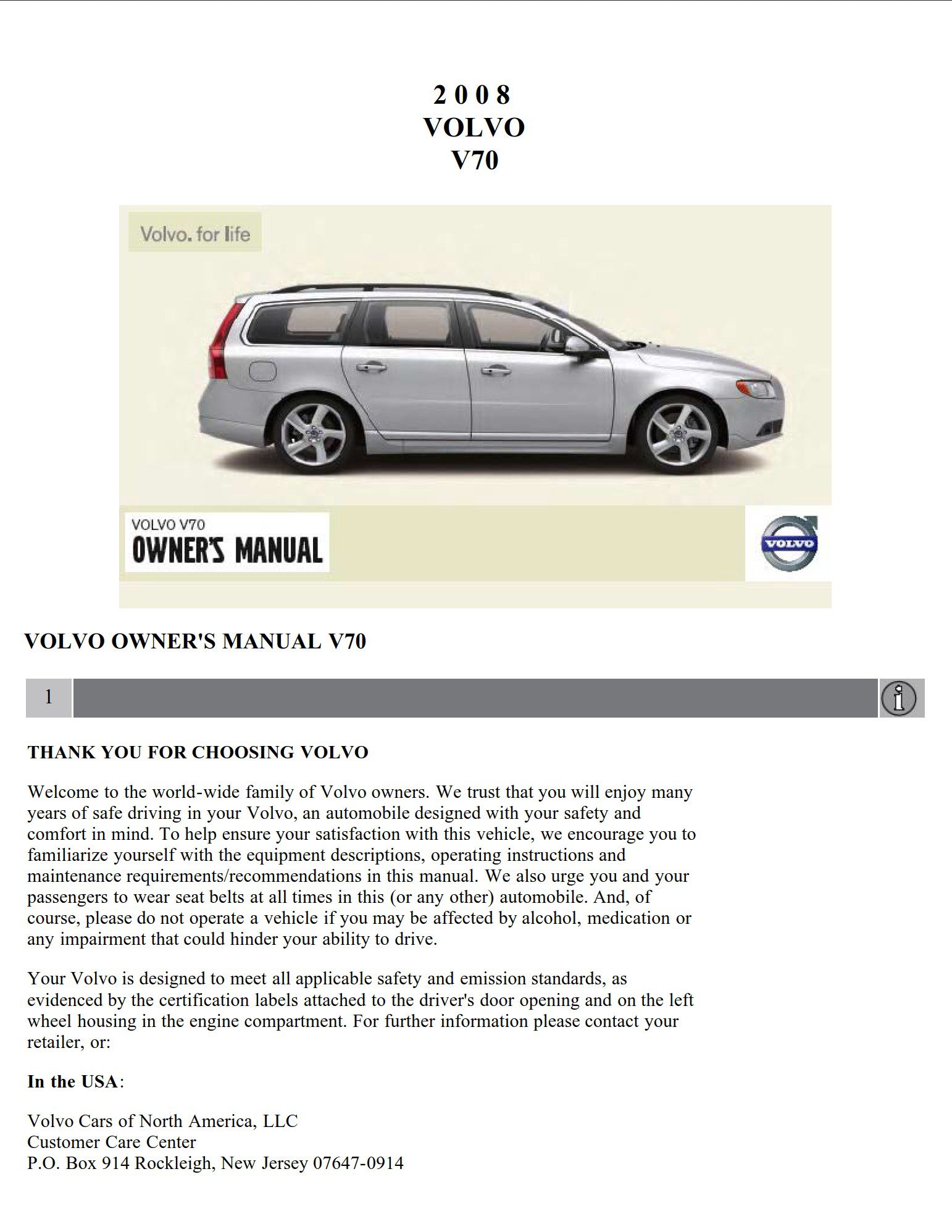 2008 Volvo V70 Owner's Manual - DIY & Guides