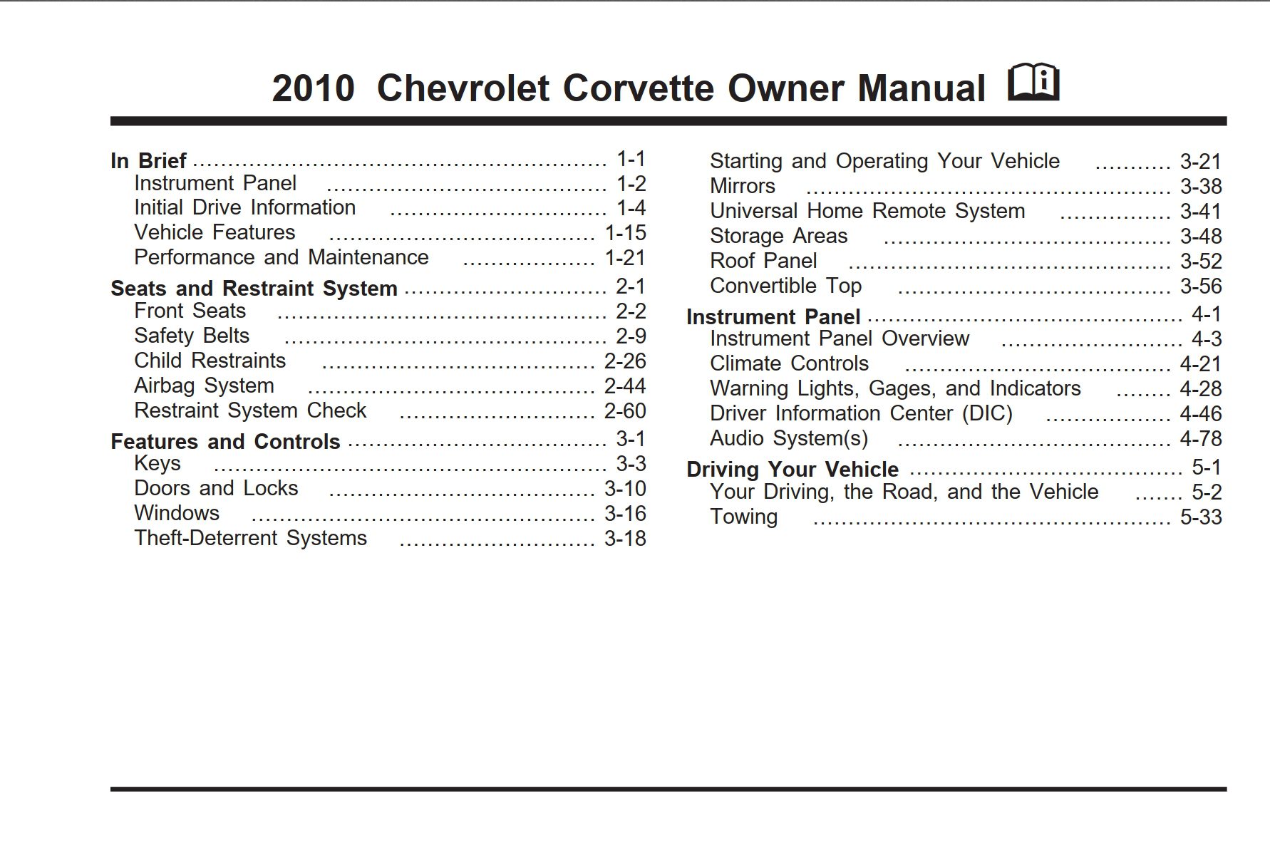 2010 Chevrolet Corvette Owner's Manual - DIY & Guides