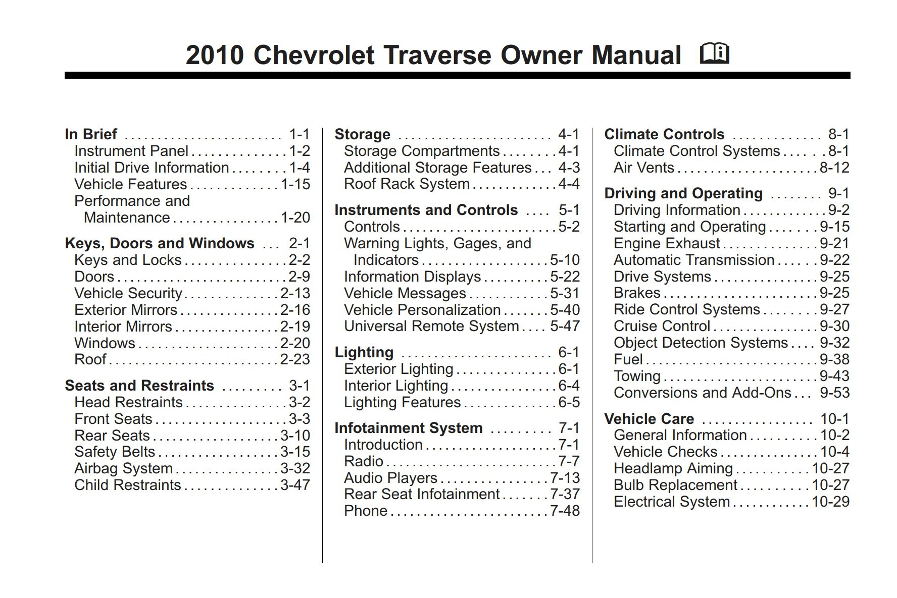2010 Chevrolet Traverse Owner's Manual - DIY & Guides