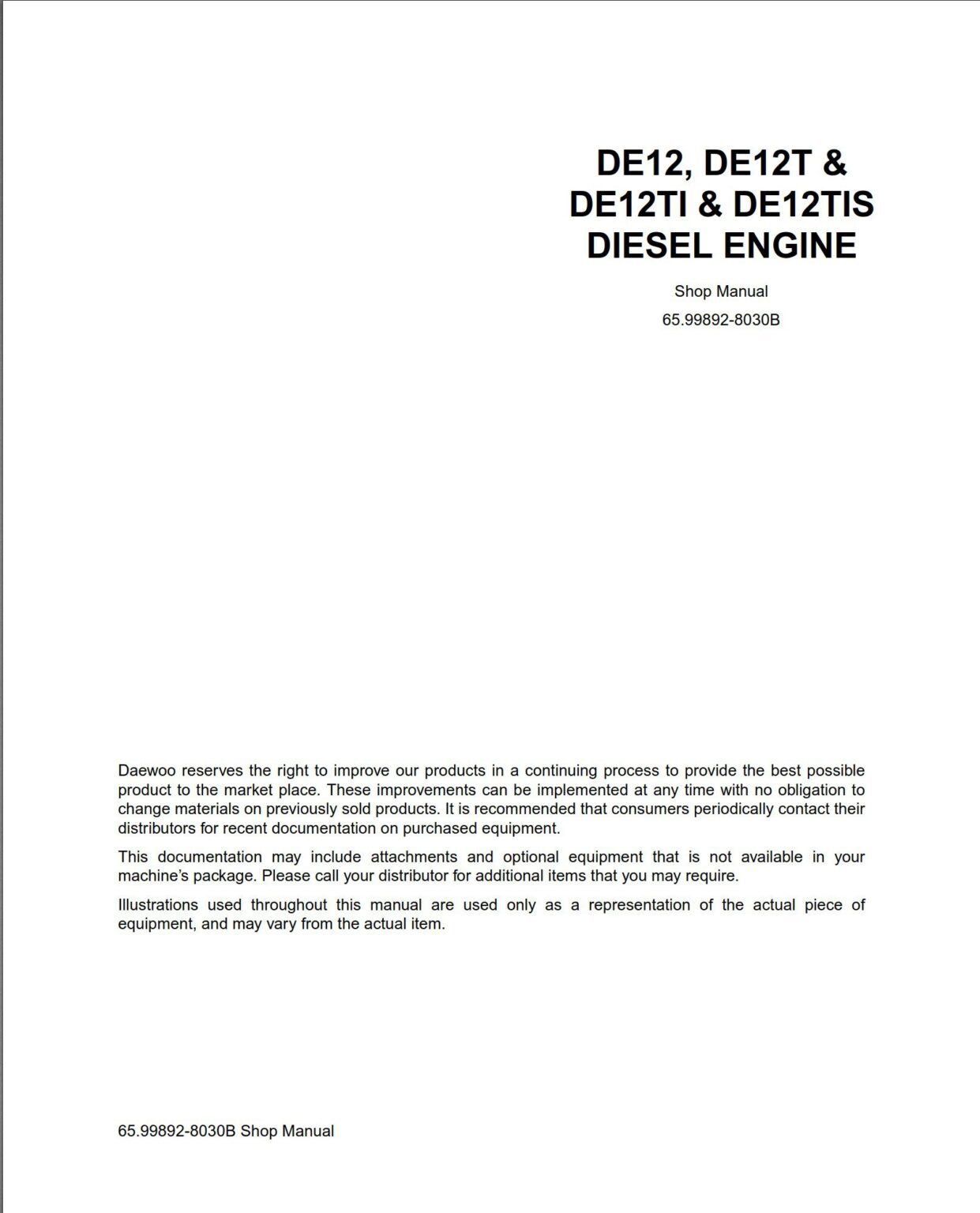 Daewoo D12, DE12T, DE12TI, DE12TIS Diesel Engine Service Manual - DIY ...