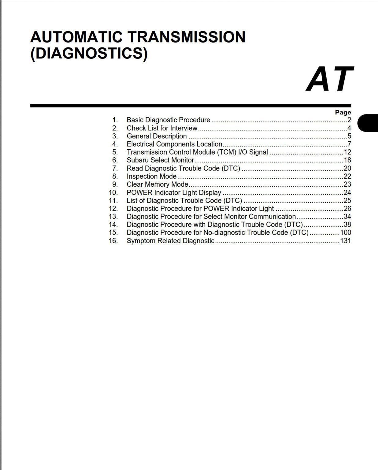Subaru Forester Automatic Transmission Fault Codes DTC Manual ...