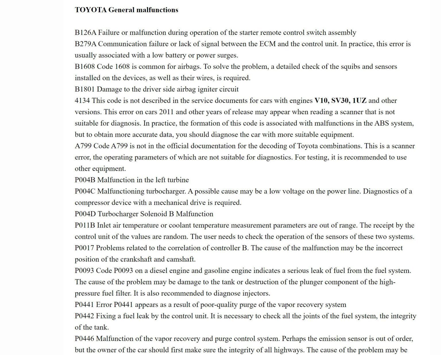 TOYOTA Fault Codes DTC - RAV 4, Carina, Corolla, Avensis, Land Cruiser ...