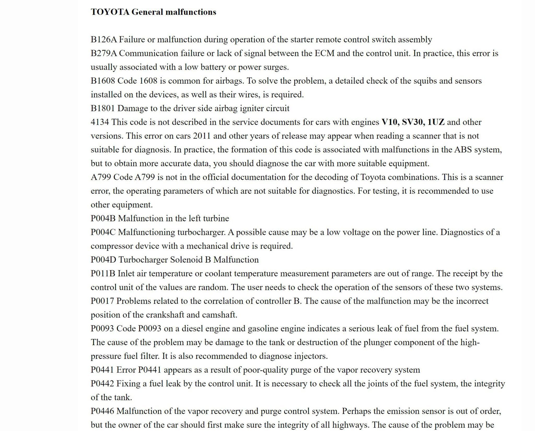 TOYOTA Fault Codes DTC - RAV 4, Carina, Corolla, Avensis, Land Cruiser ...