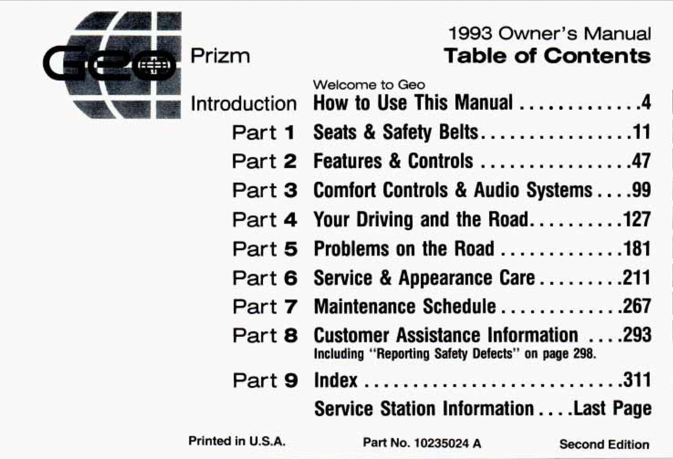 Geo Prizm 1993 Owners Manual - DIY & Guides