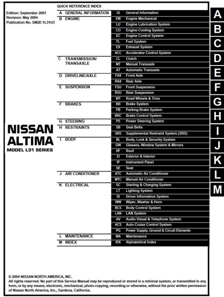 NISSAN STANZA ALTIMA MODEL L31 SERIES 2002 SERVICE MANUAL (SM2E-1L31U3 ...
