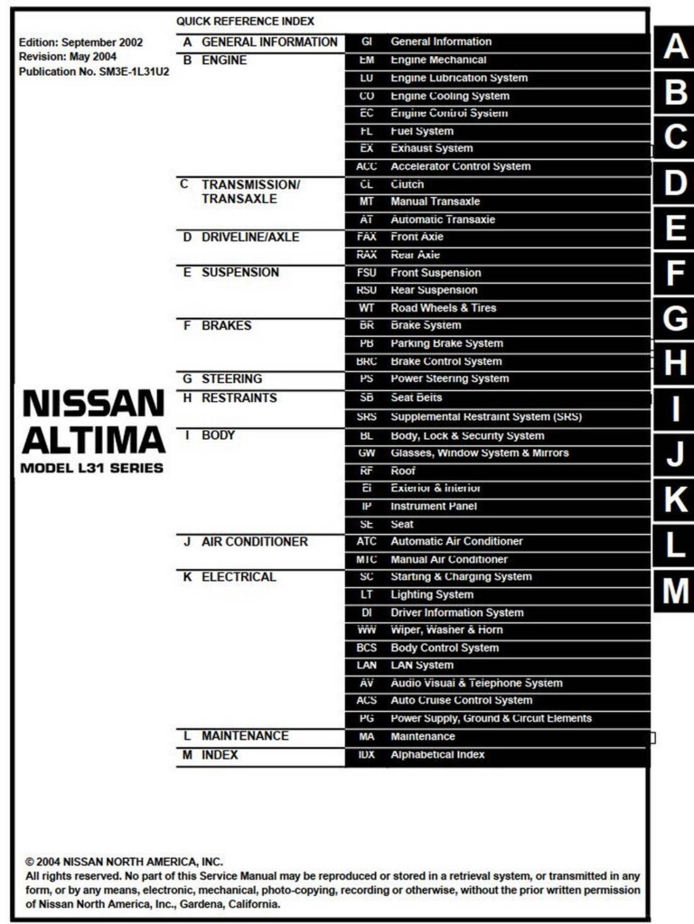 NISSAN STANZA ALTIMA MODEL L31 SERIES 2003 SERVICE MANUAL (SM3E-1L31U2 ...